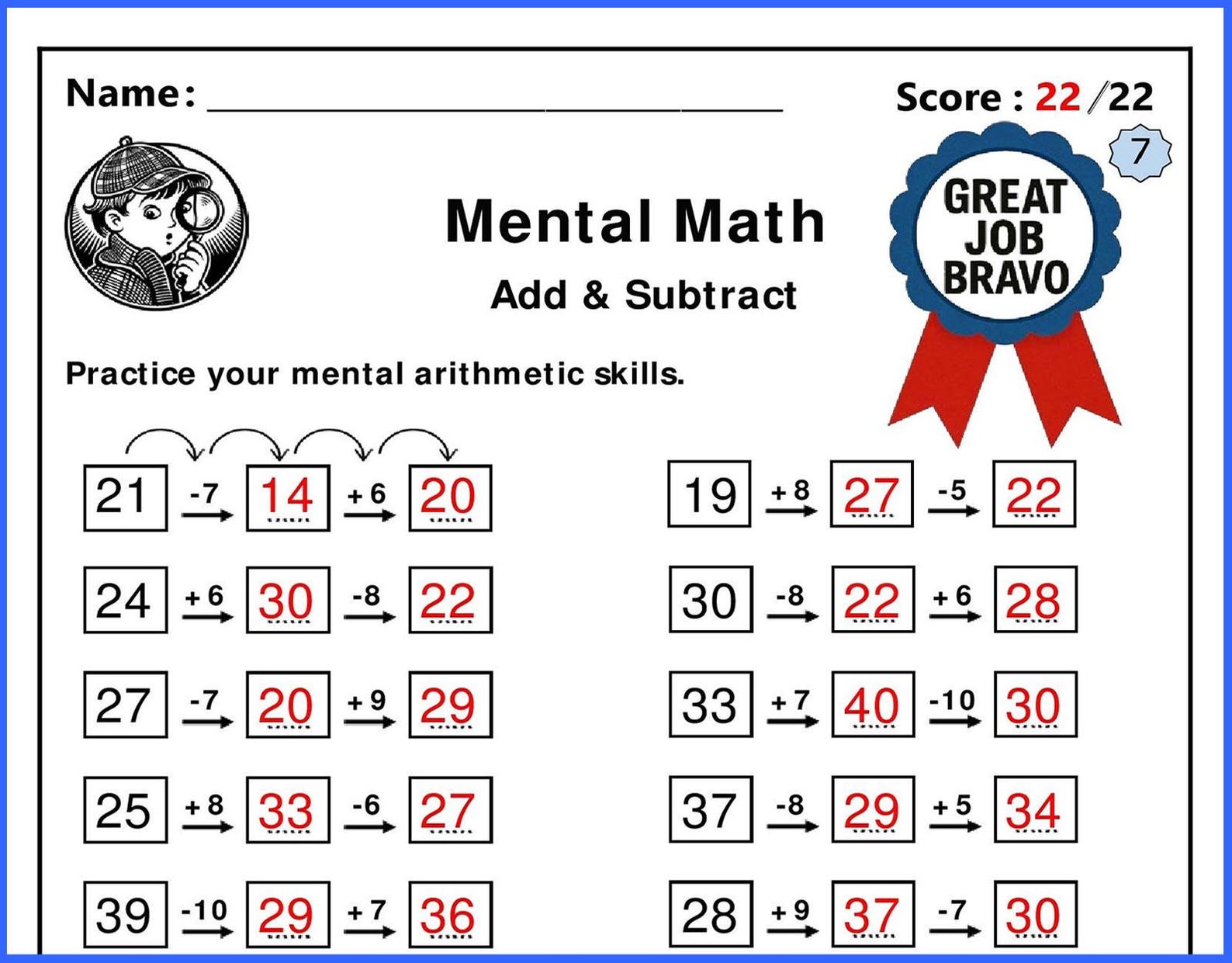 2nd & 3rd Grade Mental Math Worksheet Bundle – 10 Printable Horizontal ...