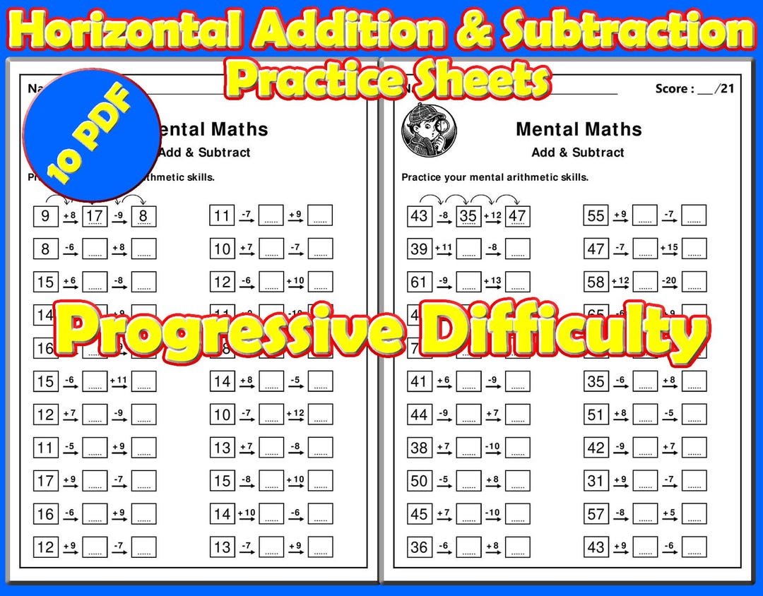 Mental Math Worksheet Bundle for Kids – 10 Printable Horizontal ...