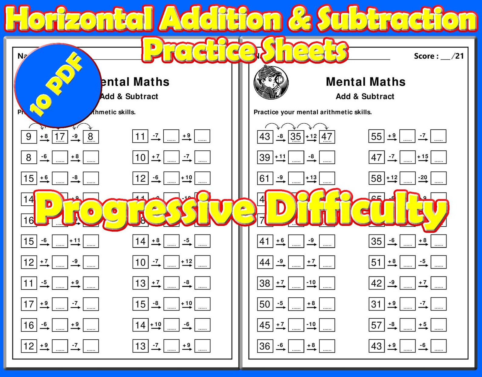 Mental Math Worksheet Bundle for Kids – 10 Printable Horizontal ...