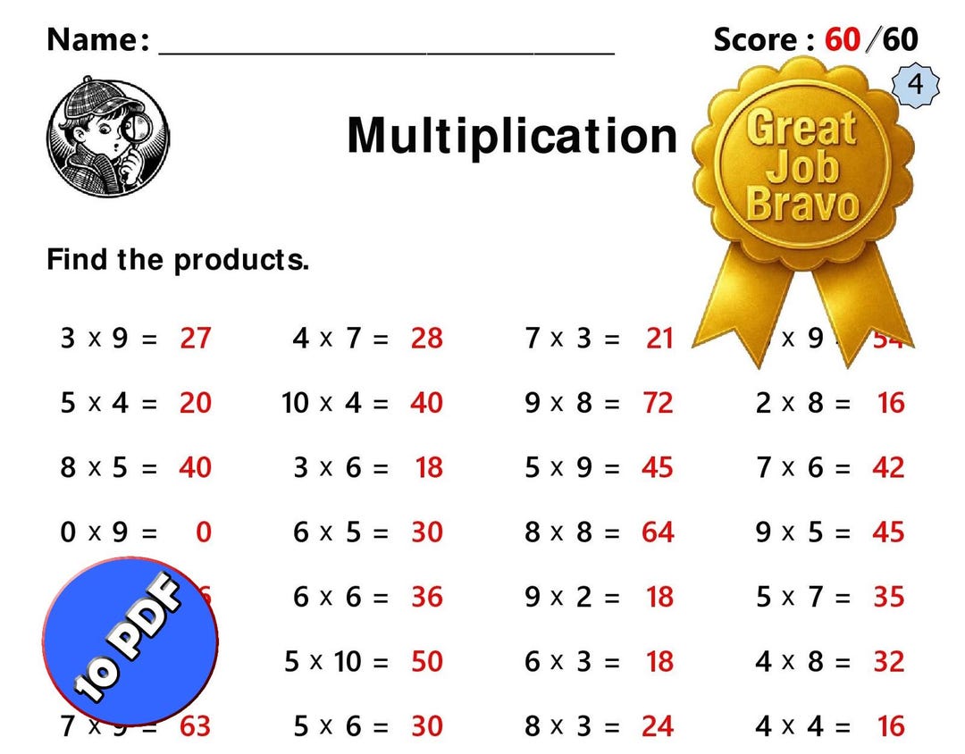 10 Printable Multiplication Facts Worksheets Bundle With Answers - 3rd ...