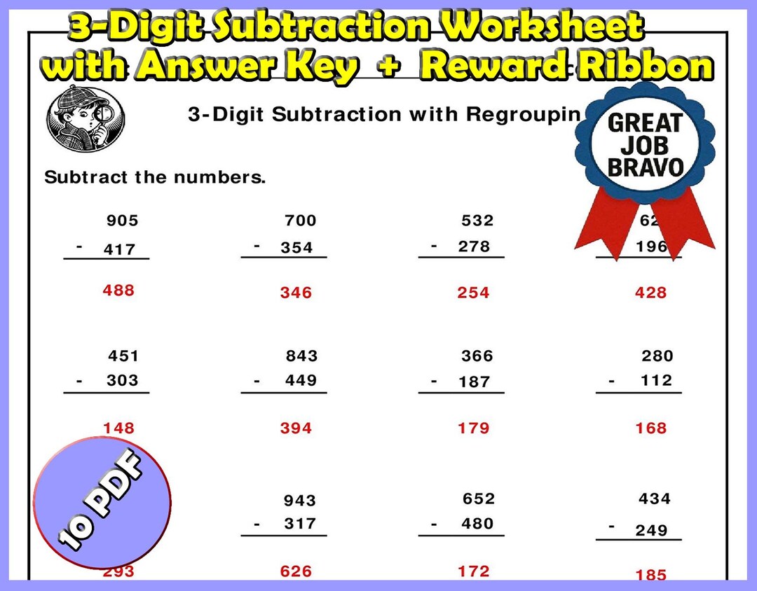 3-digit Subtraction Fill-in-the-blank Worksheets Bundle With Answer Key ...