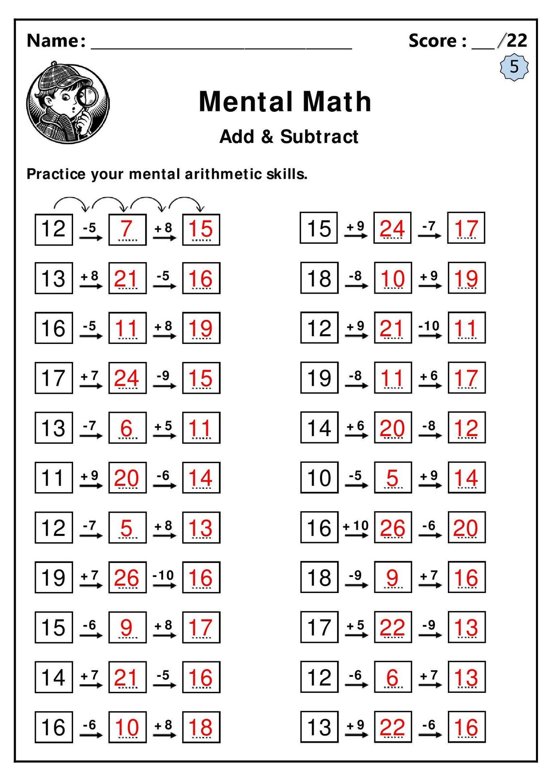 2nd & 3rd Grade Mental Math Worksheet Bundle – 10 Printable Horizontal ...