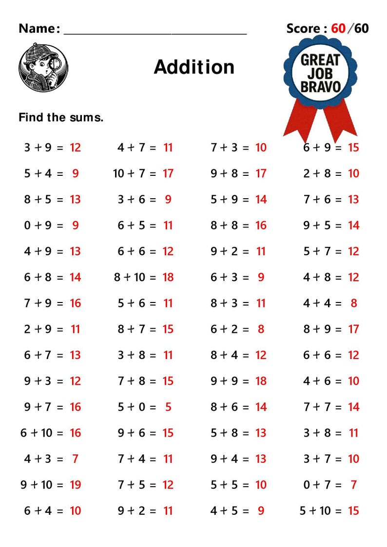 10 Addition Fill in the Blanks Worksheets With Answer Key for 1st Grade ...