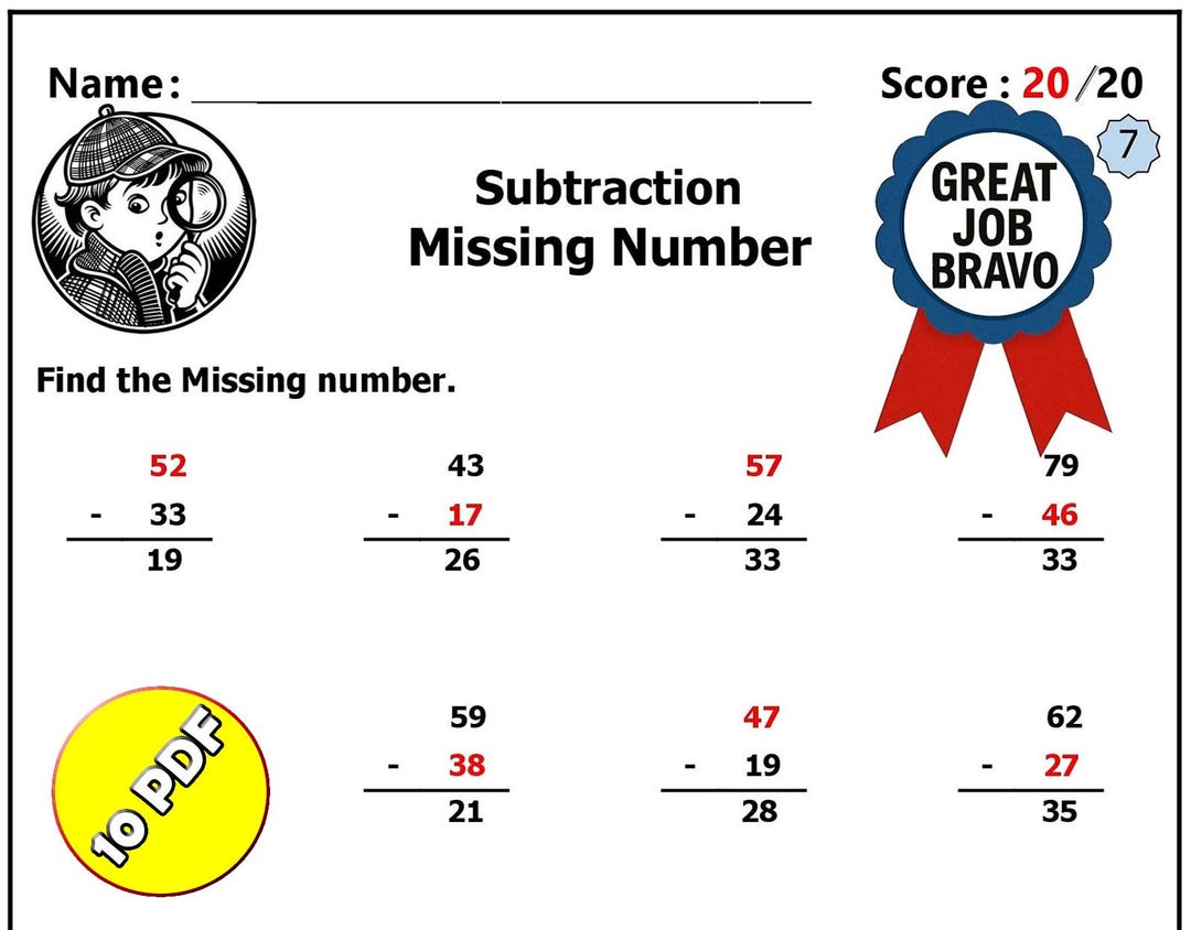 10 Printable 2-digit Subtraction Missing Number Worksheets With Answer ...