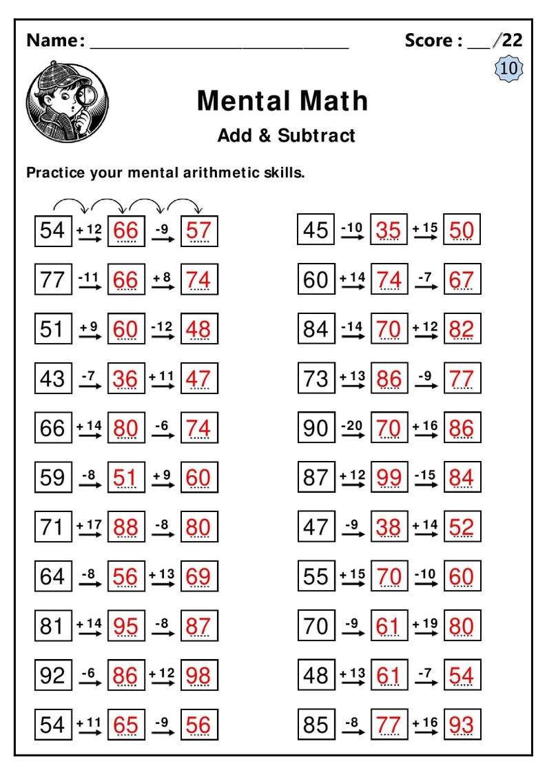 2nd & 3rd Grade Mental Math Worksheet Bundle – 10 Printable Horizontal ...