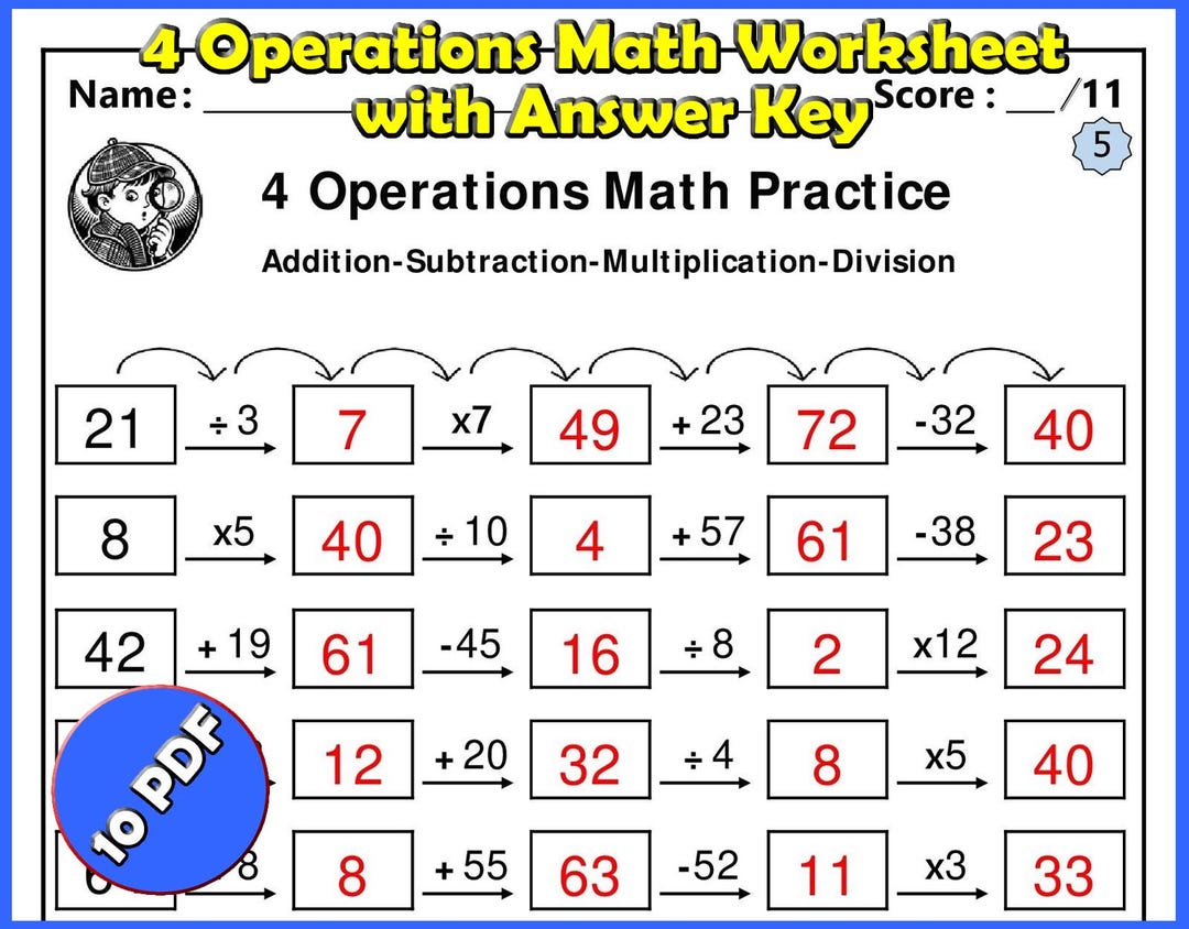 4 Operations Math Worksheets Bundle With Answer Key - Addition ...
