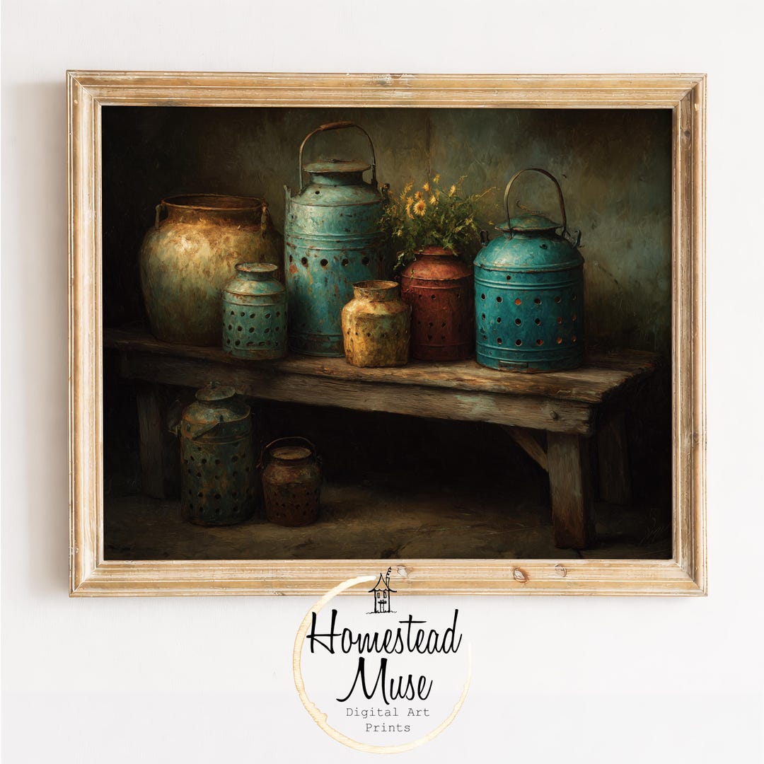Vintage Milk Can Still Life Painting, Rustic Farmhouse Decor (digital ...