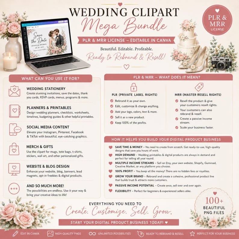 Wedding Clipart Mega Bundle | Romantic PNG Graphics, Canva Templates ...