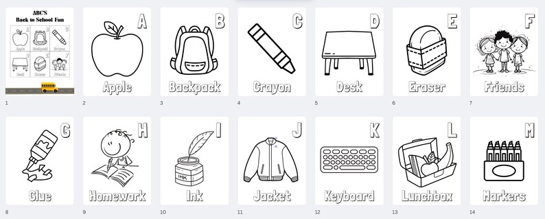 ABC Coloring Book: School-themed Alphabet, A-Z (PDF Download) - Etsy