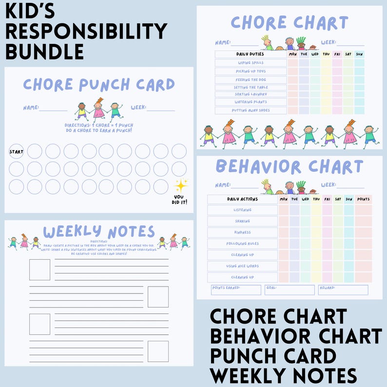 Kids Chore Chart Bundle: Behavior Chart, Punch Card, Weekly Notes ...