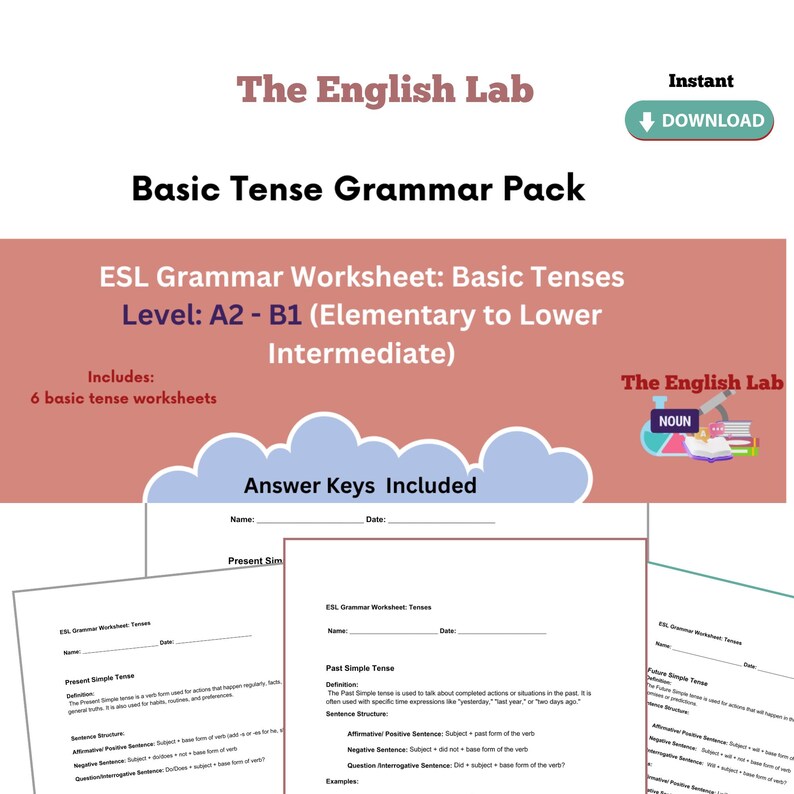 Basic Verb Tenses Printable Worksheets Beginner Intermediate| ESL ...