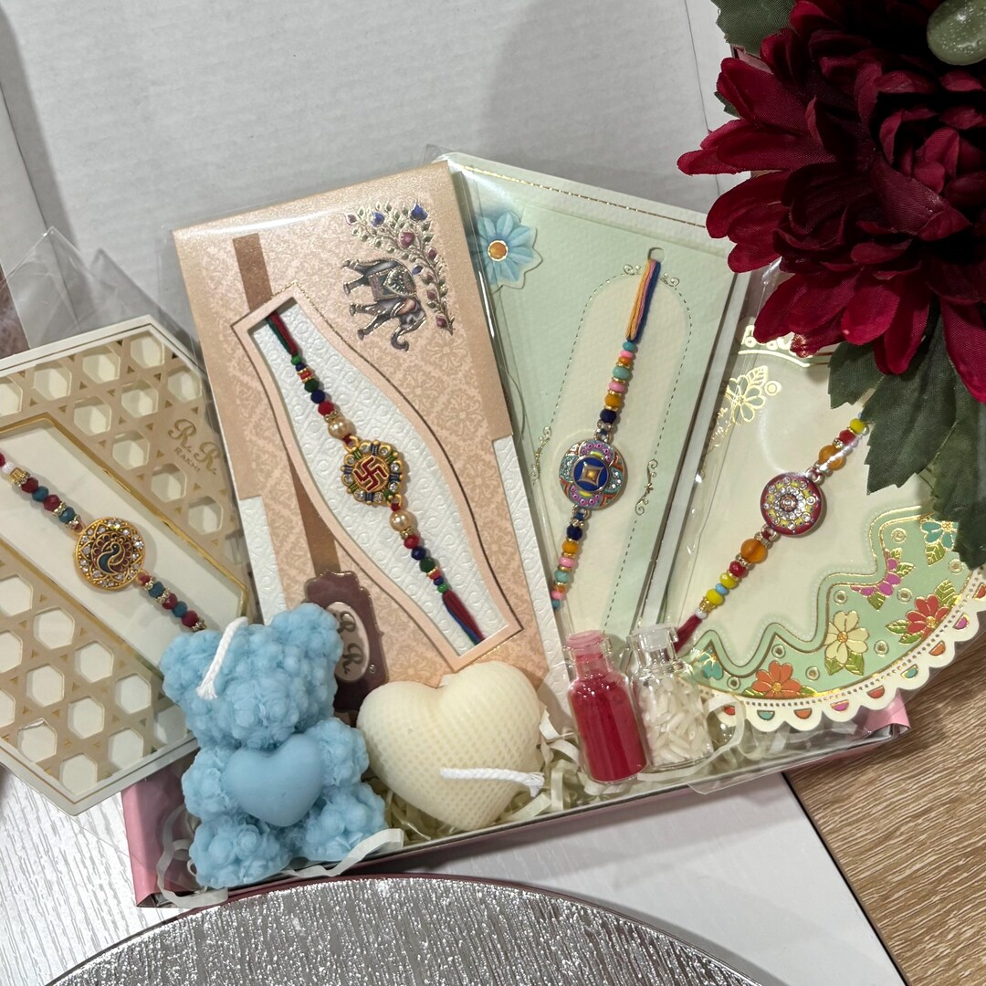 Rakhi Hamper: Raksha Bandhan Rakhis, Candles, Tilak & Rice - Etsy