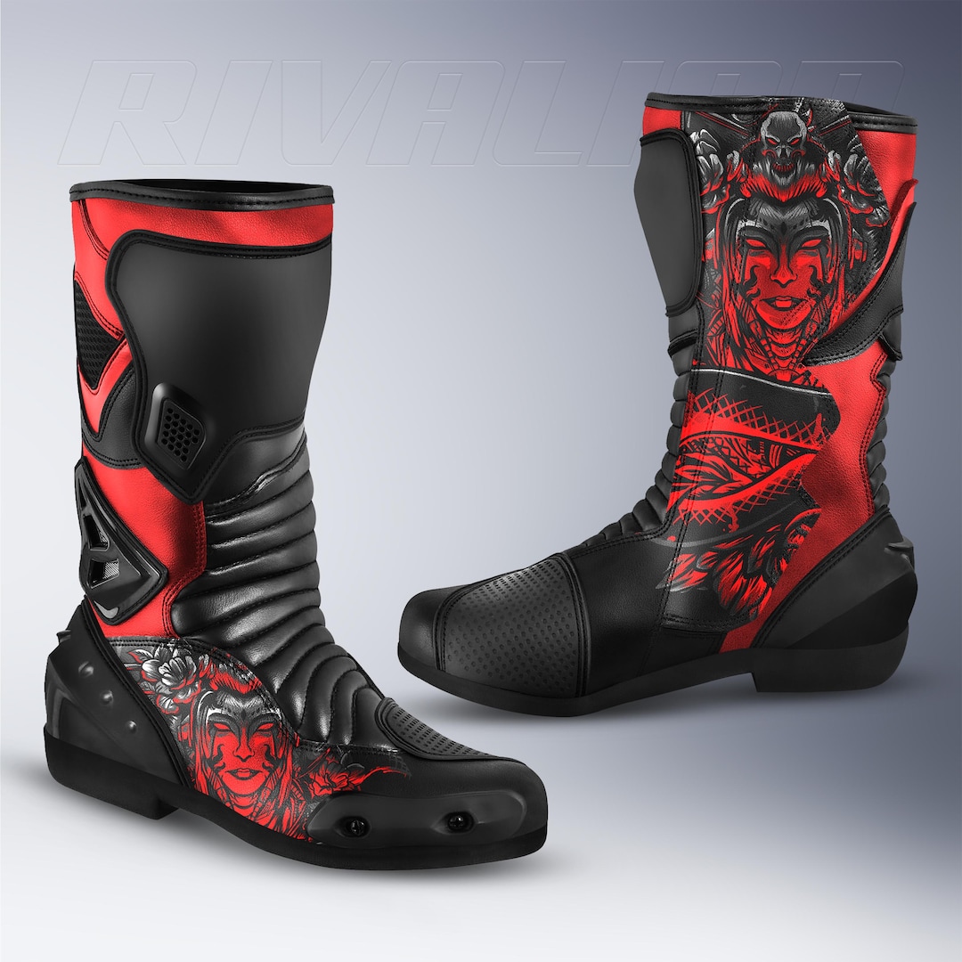 Red Mummy Leather Motorcycle Racing Boots: Custom Digital Print, Safety ...