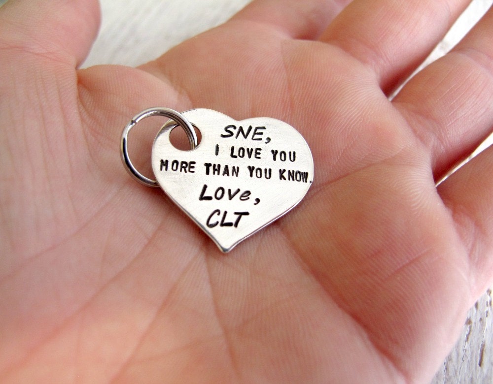 Personalized Sterling Silver Heart Keychain, Hand Stamped Anniversary ...