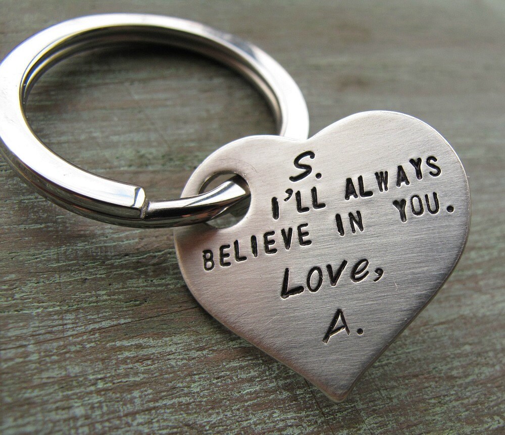 Personalized Sterling Silver Heart Keychain, Hand Stamped Anniversary ...