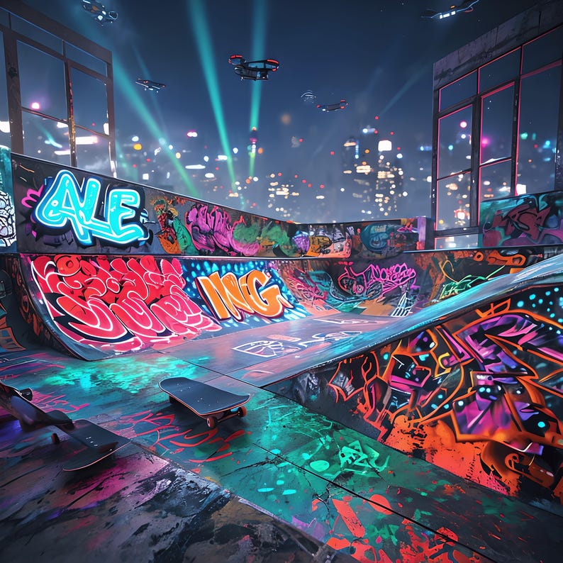 Neon Cyberpunk Skatepark Art Print: Futuristic Graffiti (digital ...