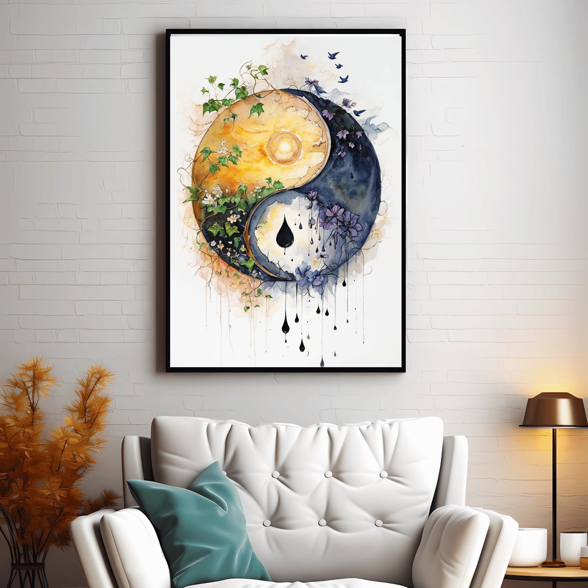 Yin Yang Sun & Moon Poster Matte Vertical Print | Botanical Watercolor ...
