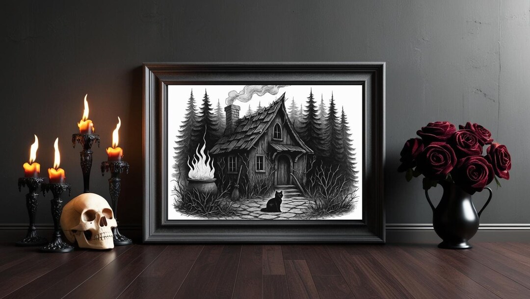 Witch’s Cottage Wall Art | Gothic Forest Black Cat Cauldron Print ...