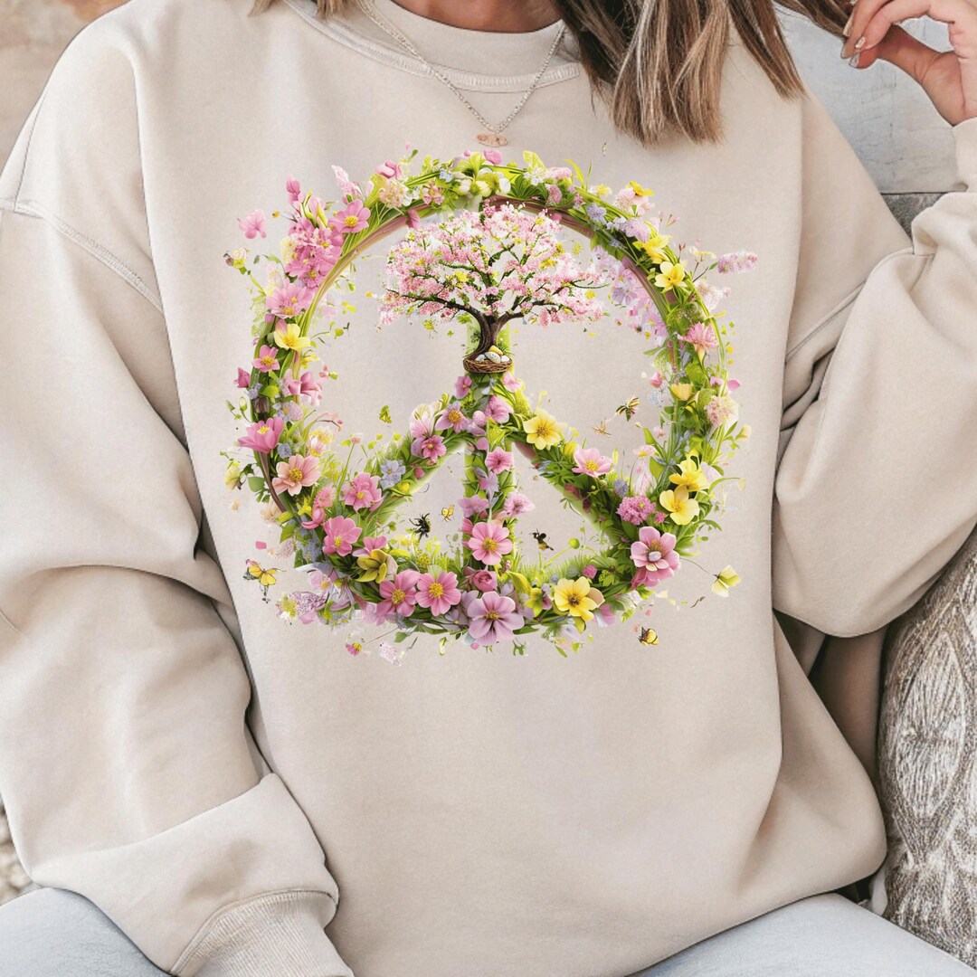 Floral Peace Sign Sweatshirt: Spring Cherry Blossom Crewneck - Etsy