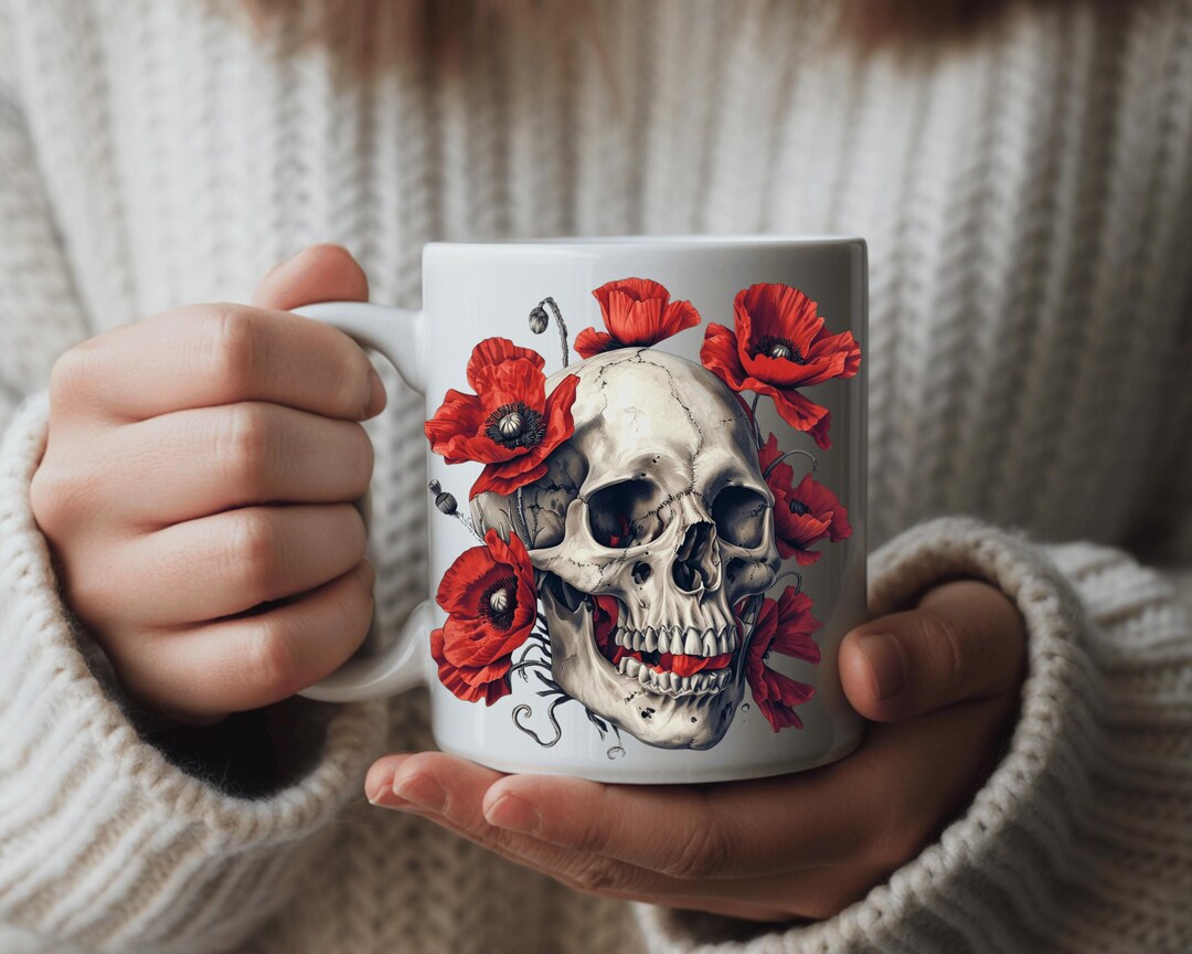 Poppies Skull Mug - Gothic Botanical Witchy Coffee Cup, 11oz or 15oz - Etsy