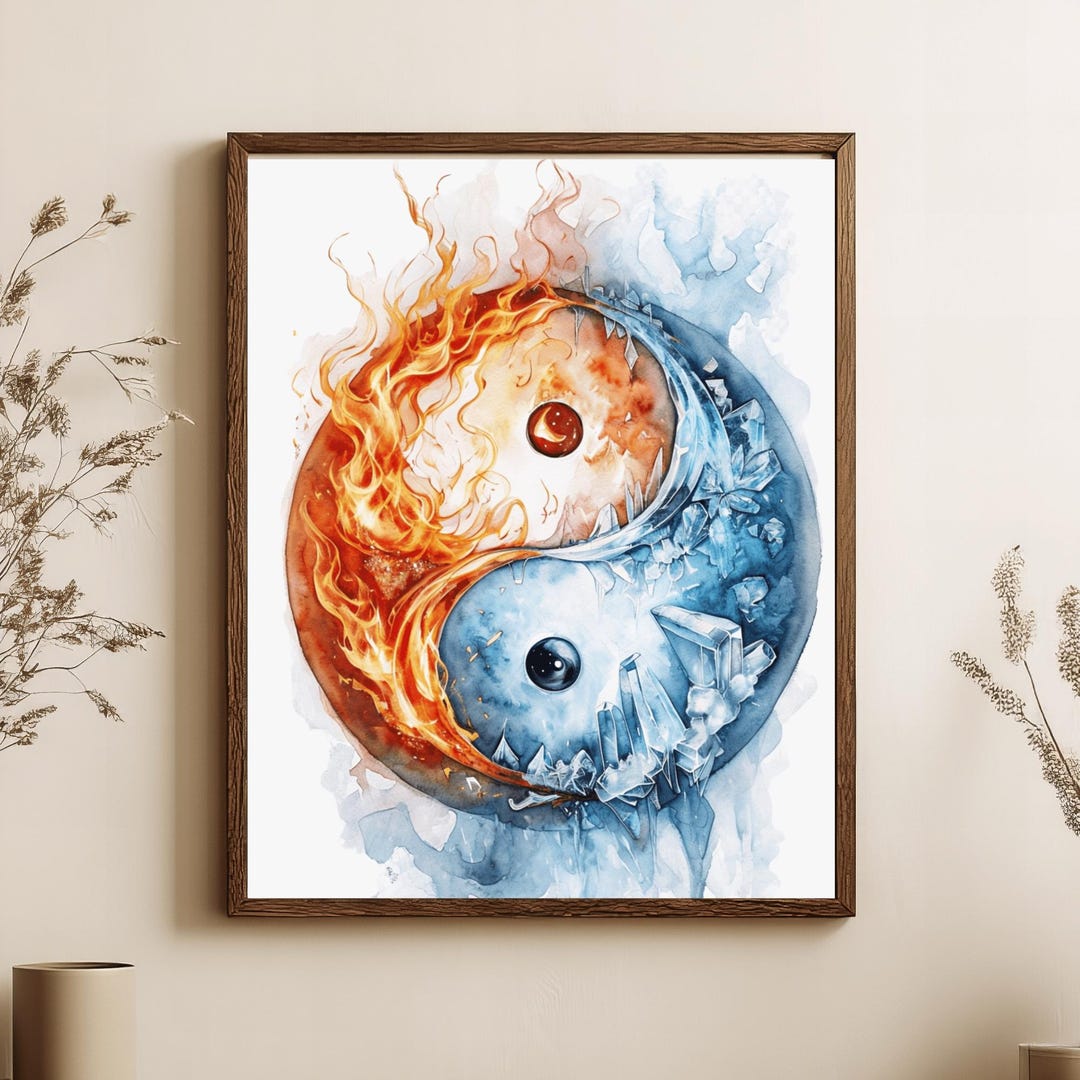 Yin Yang Watercolor Art Print Fire And Ice Duality Poster Etsy