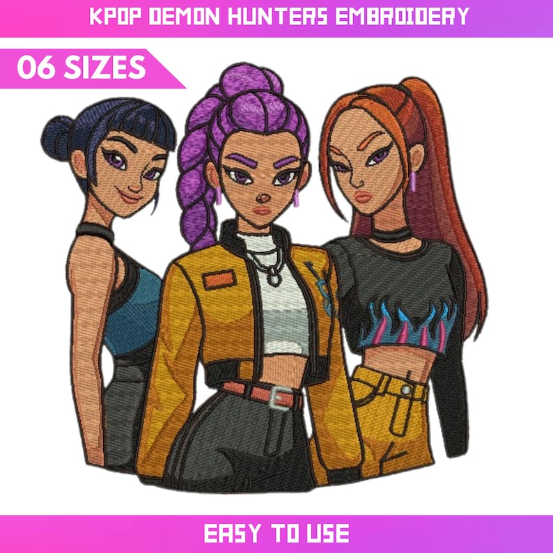 Kpop Demon Hunter Embroidery Design | Huntrix Girls Zoey Rumi Mira ...