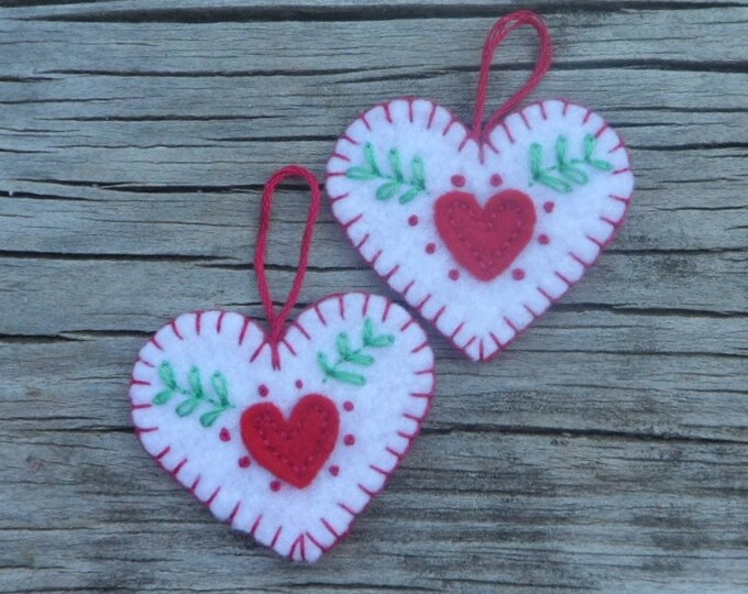Tiny Miniature Heart Shaped Hand Embroidered Felt Ornament Heart and ...
