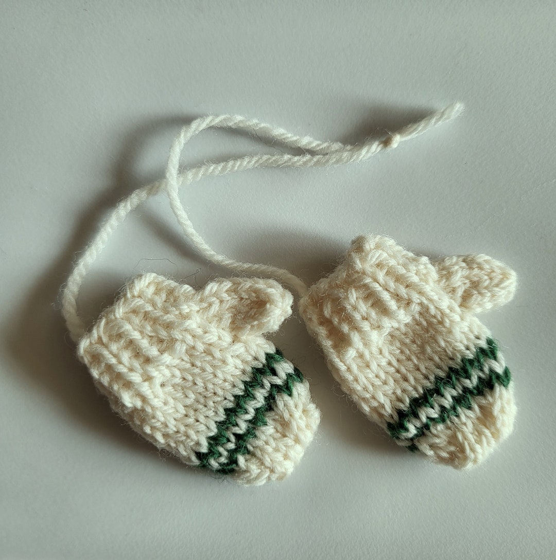 Tiny Miniature Hand Knit Mitten Ornament White With Green Stripes - Etsy