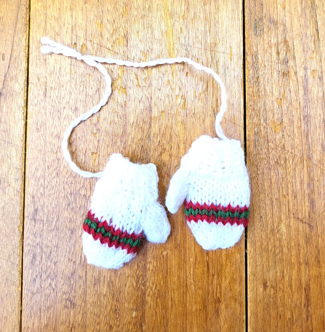 Tiny Miniature Hand Knit Mitten Ornaments White With Red and Green ...