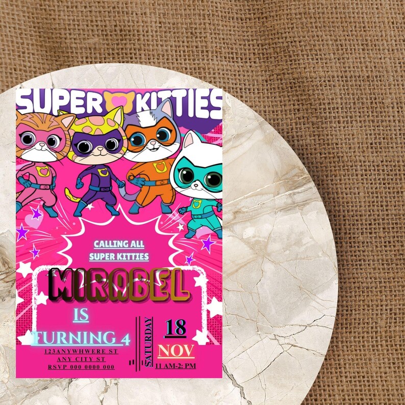 Girl Super Kitties Birthday Invitation Template Super Kitties ...