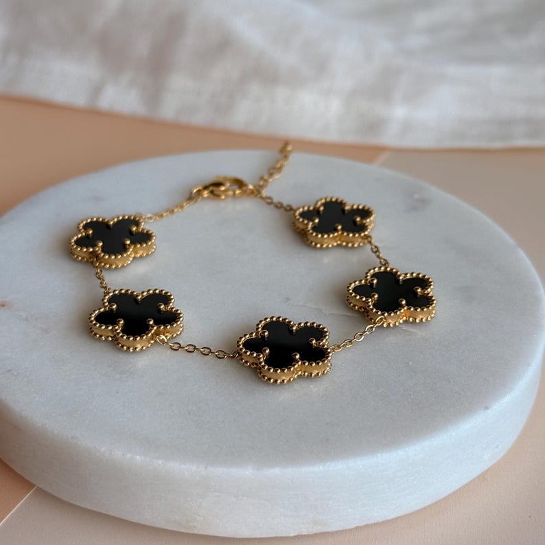 Black Clover Bracelet – Gold Stainless Steel Four Leaf Charm, Enamel ...