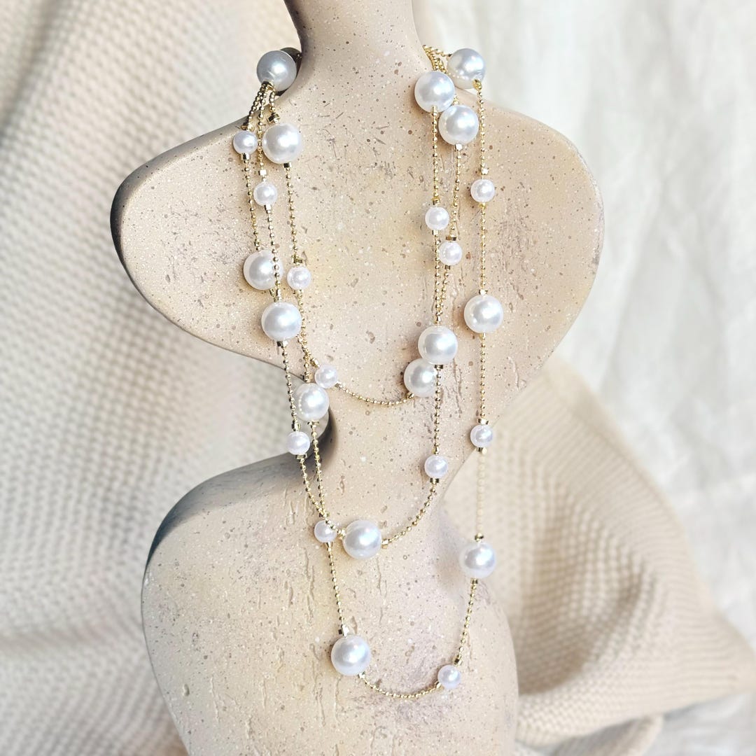 Gold Layered Pearl Necklace Multi Strand Faux Pearl Chain Elegant ...