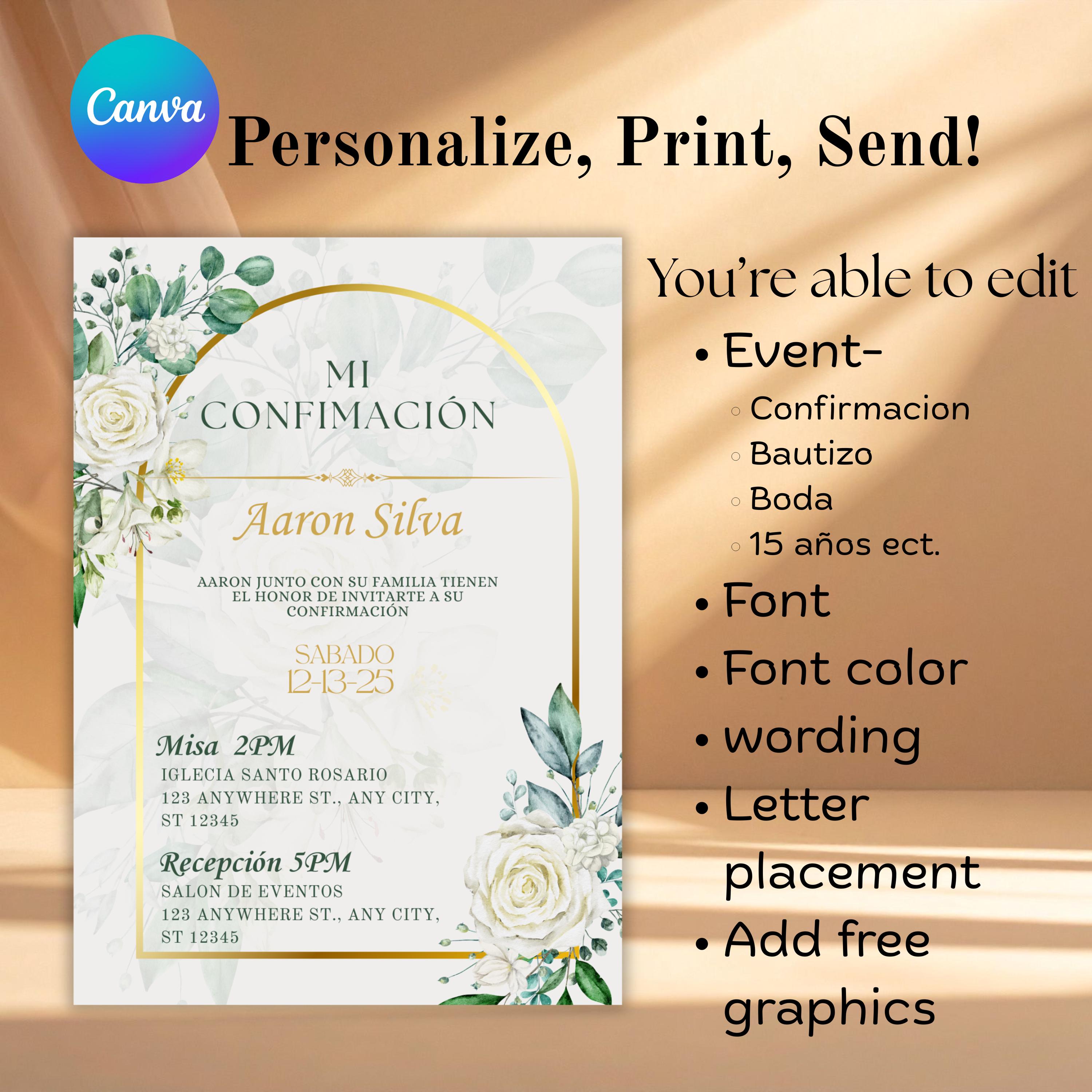 Boho Floral Confirmation Invitation Template, Spanish Editable Digital ...