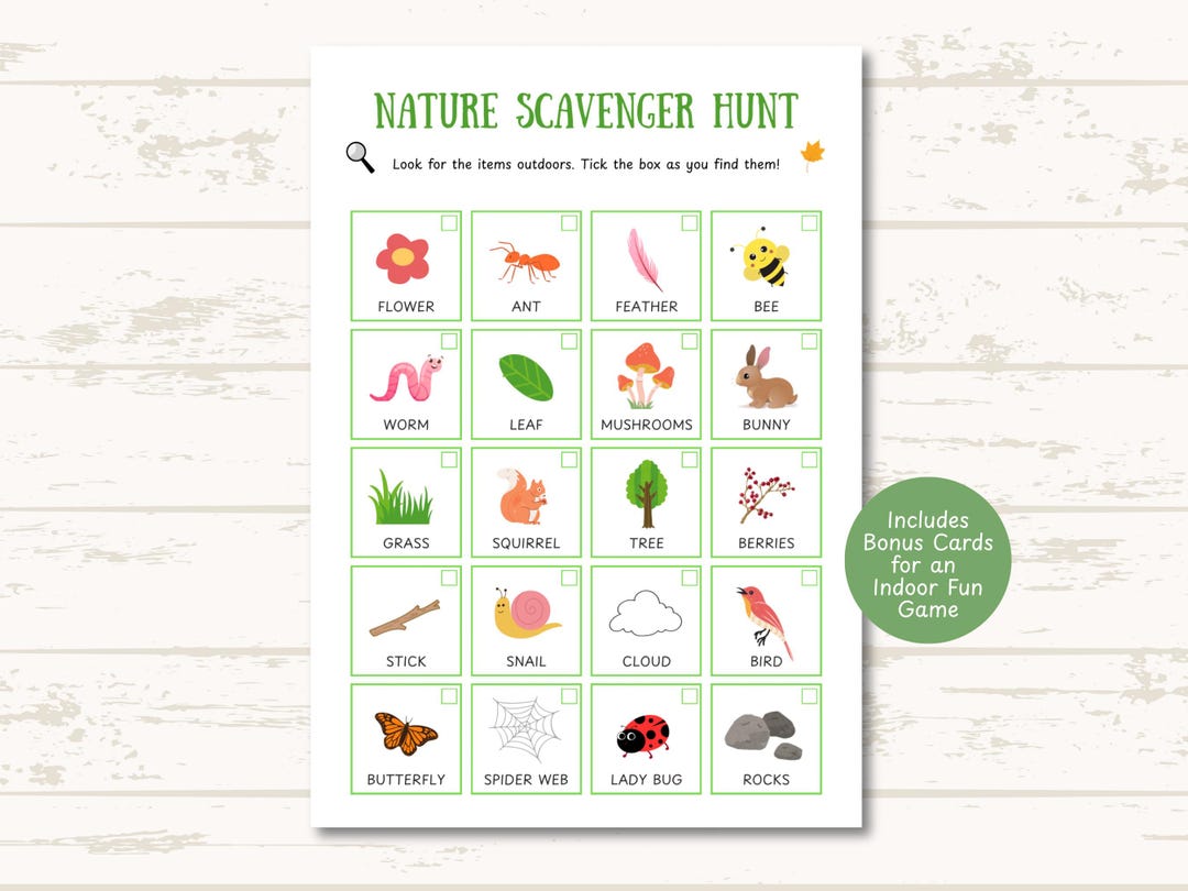 Nature Scavenger Hunt for Kids, Outdoor Scavenger Hunt, Indoor Fun Game ...