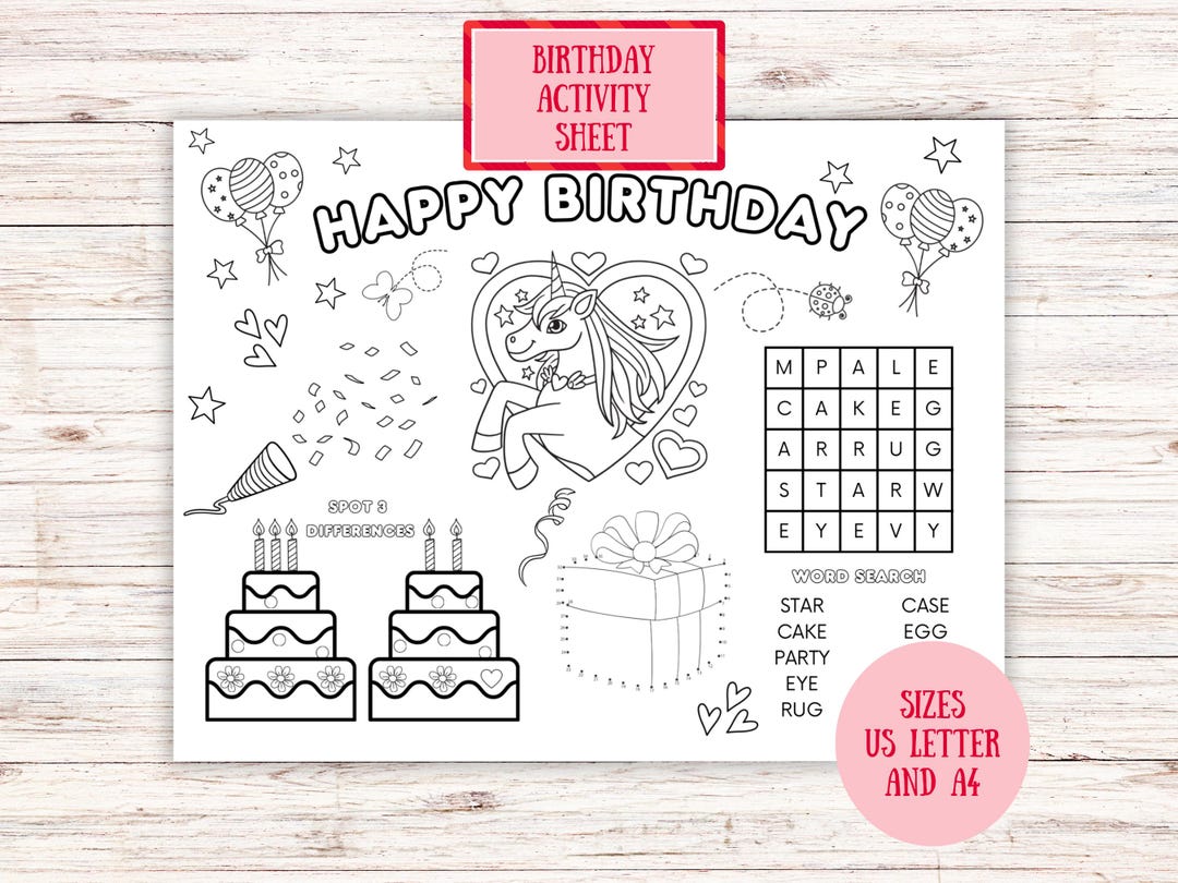 Happy Birthday Activity Mat, Birthday Coloring Page, Printable Kids ...