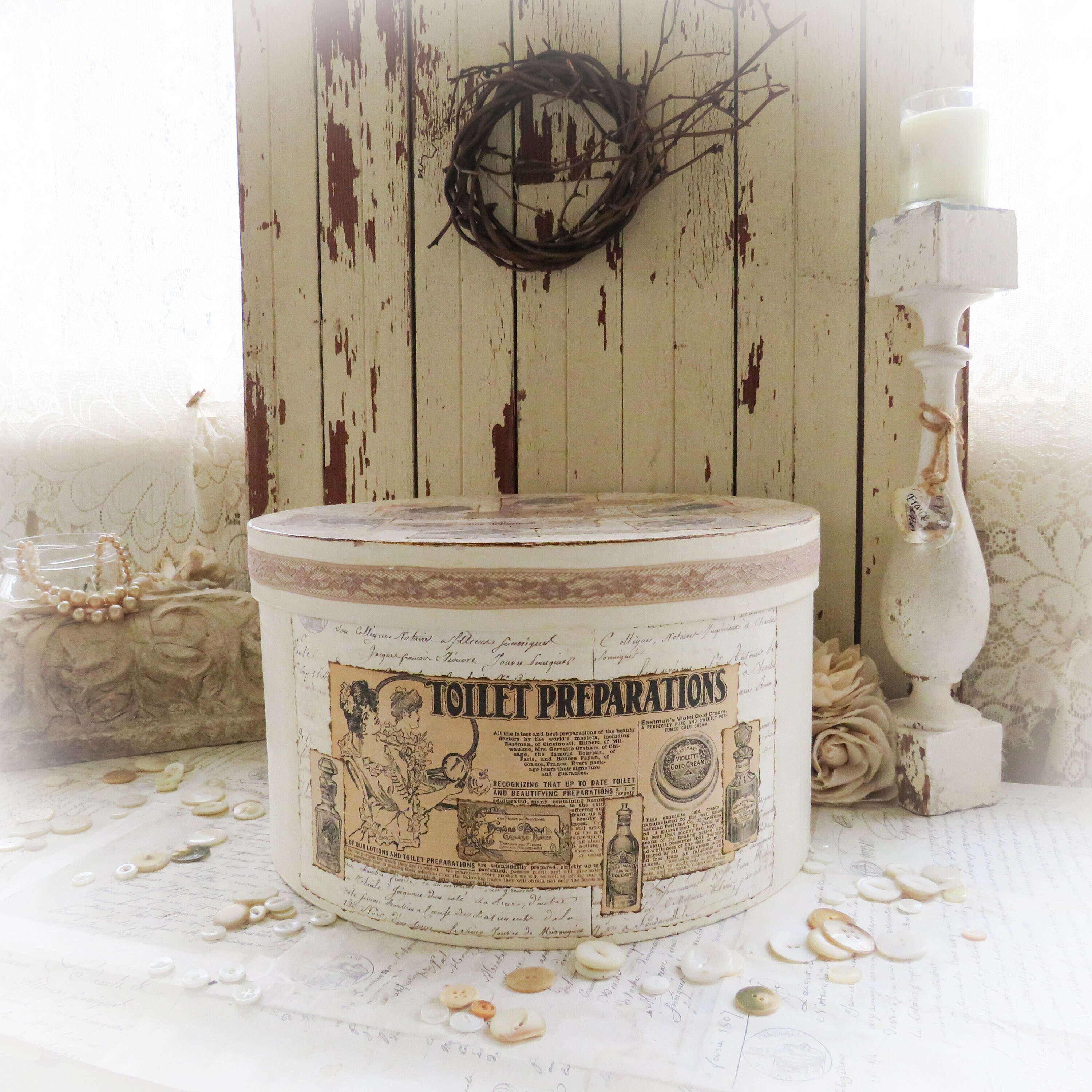 French Round Hat Box Large Vintage Style Paris Inspired Decoupaged ...