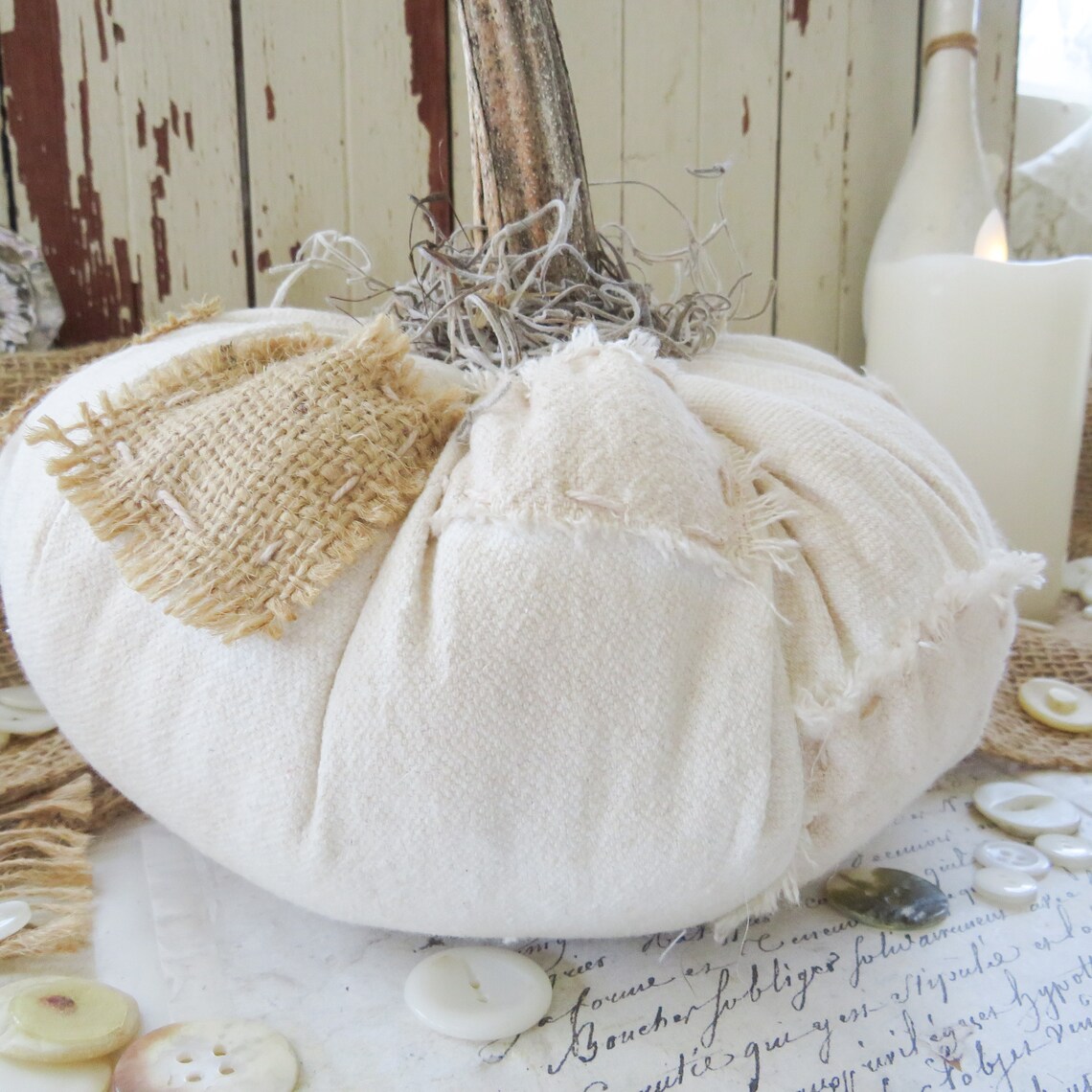 Fall Pumpkin White Fabric Decor. Vintage Muslin With Burlap and Linen ...