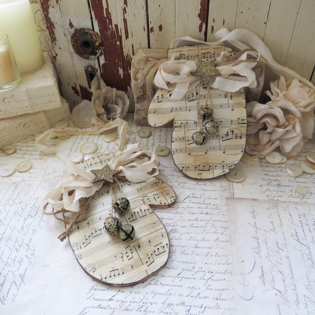 Hanging Wood Mittens Christmas Holiday Decor With Vintage Sheet Music ...