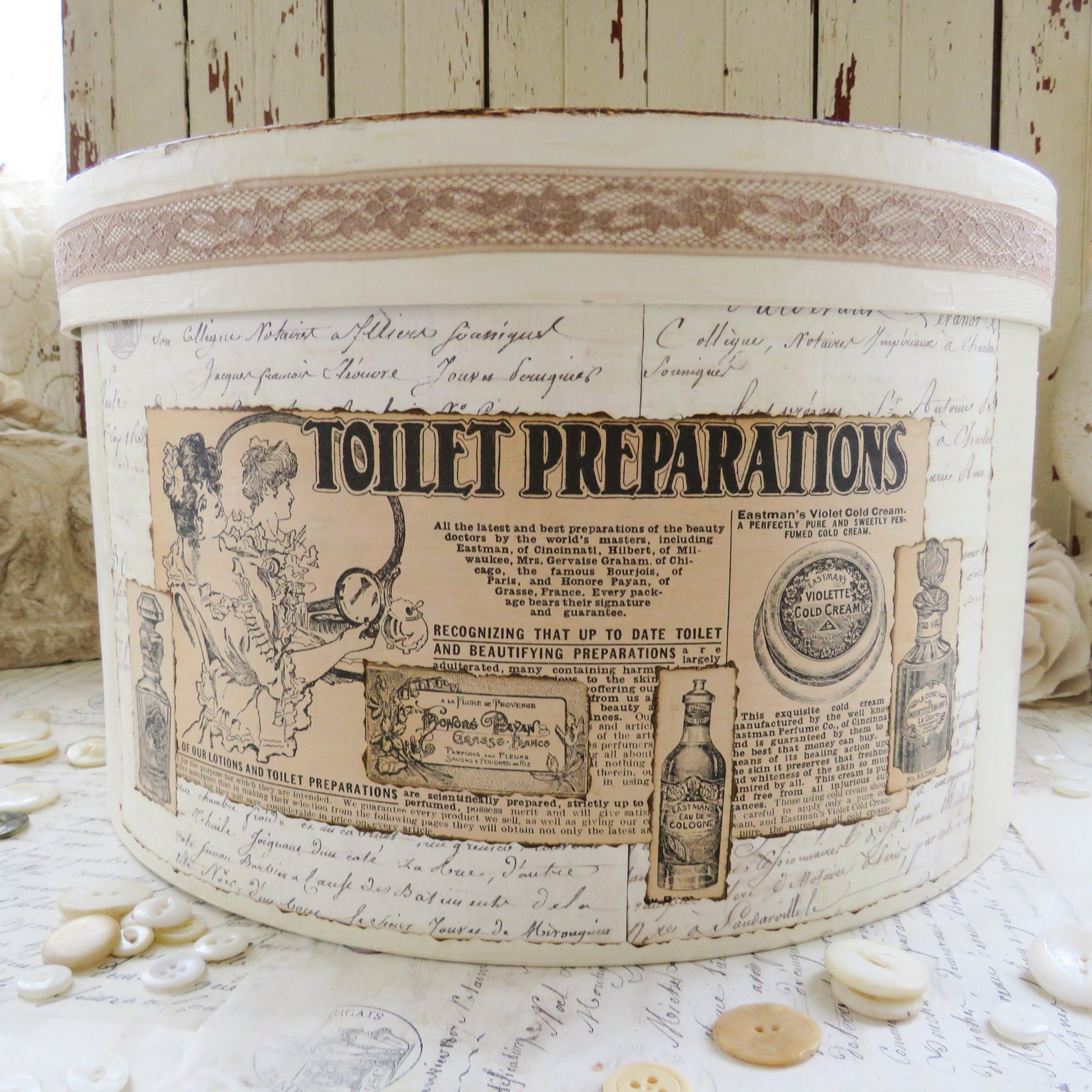 French Round Hat Box Large Vintage Style Paris Inspired Decoupaged ...