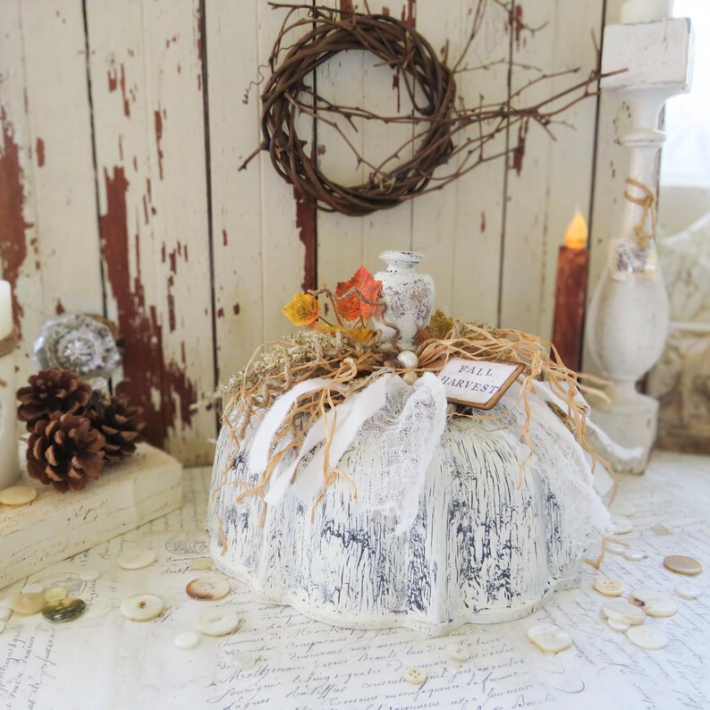 Pumpkin Fall Farmhouse Decor Repurposed Vintage Bundt Pan With Chippy ...