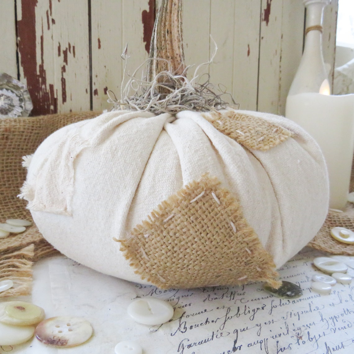 Fall Pumpkin White Fabric Decor. Vintage Muslin With Burlap and Linen ...