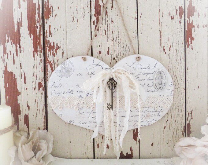 Hanging Wood Heart Shabby Chic Vintage French Script Wall Art. French ...