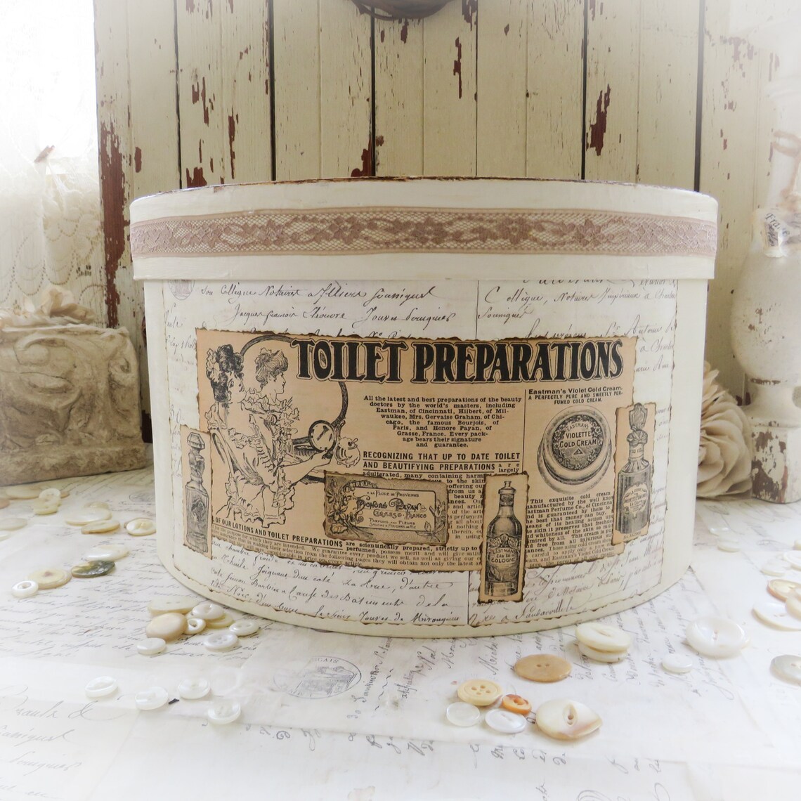 French Round Hat Box Large Vintage Style Paris Inspired Decoupaged ...