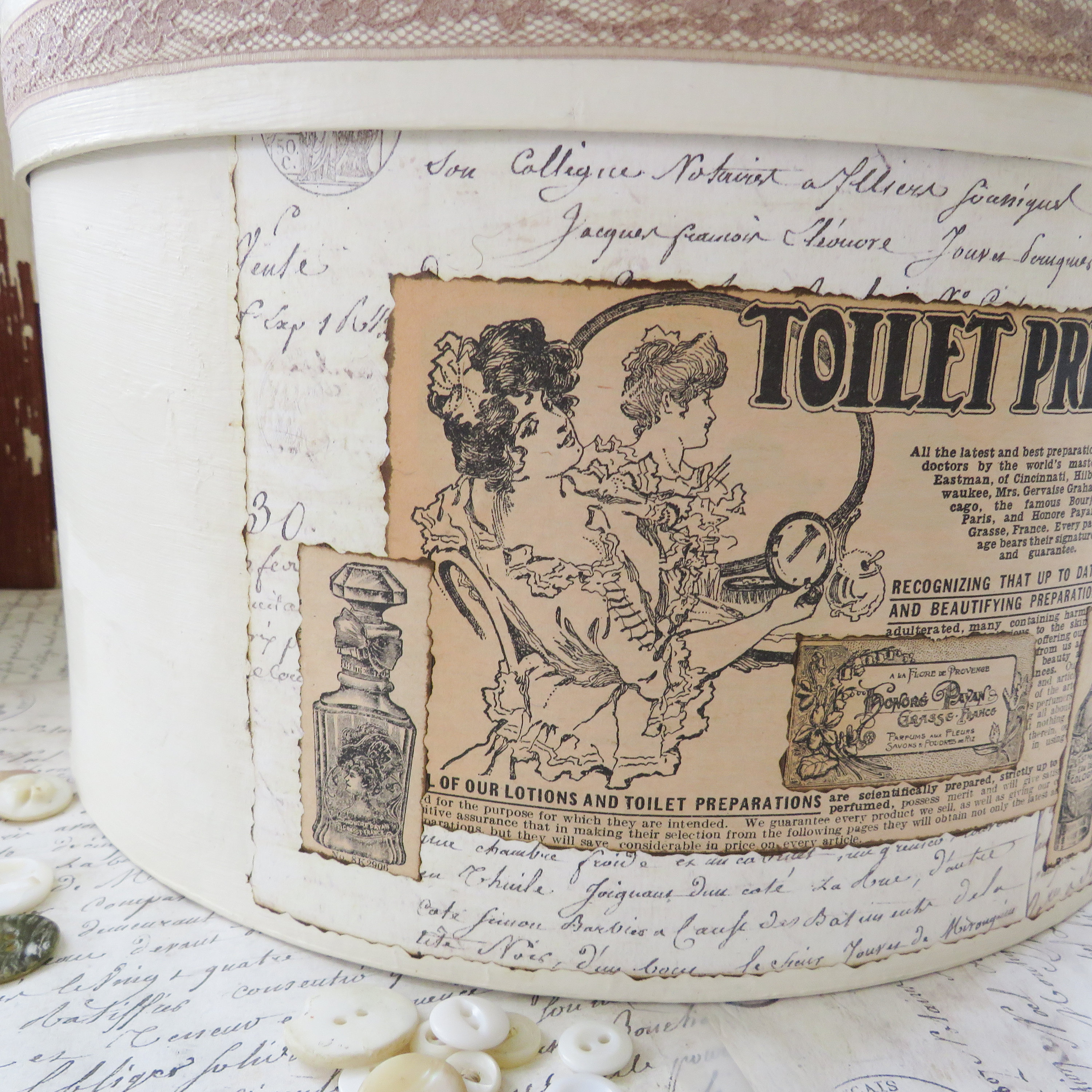 French Round Hat Box Large Vintage Style Paris Inspired Decoupaged ...