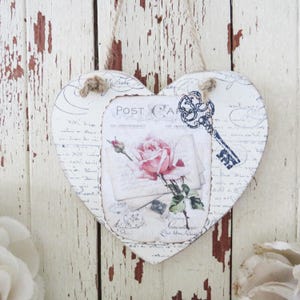 Small Wood Heart Hanging With Pretty Pink Rose French Collage Print ...