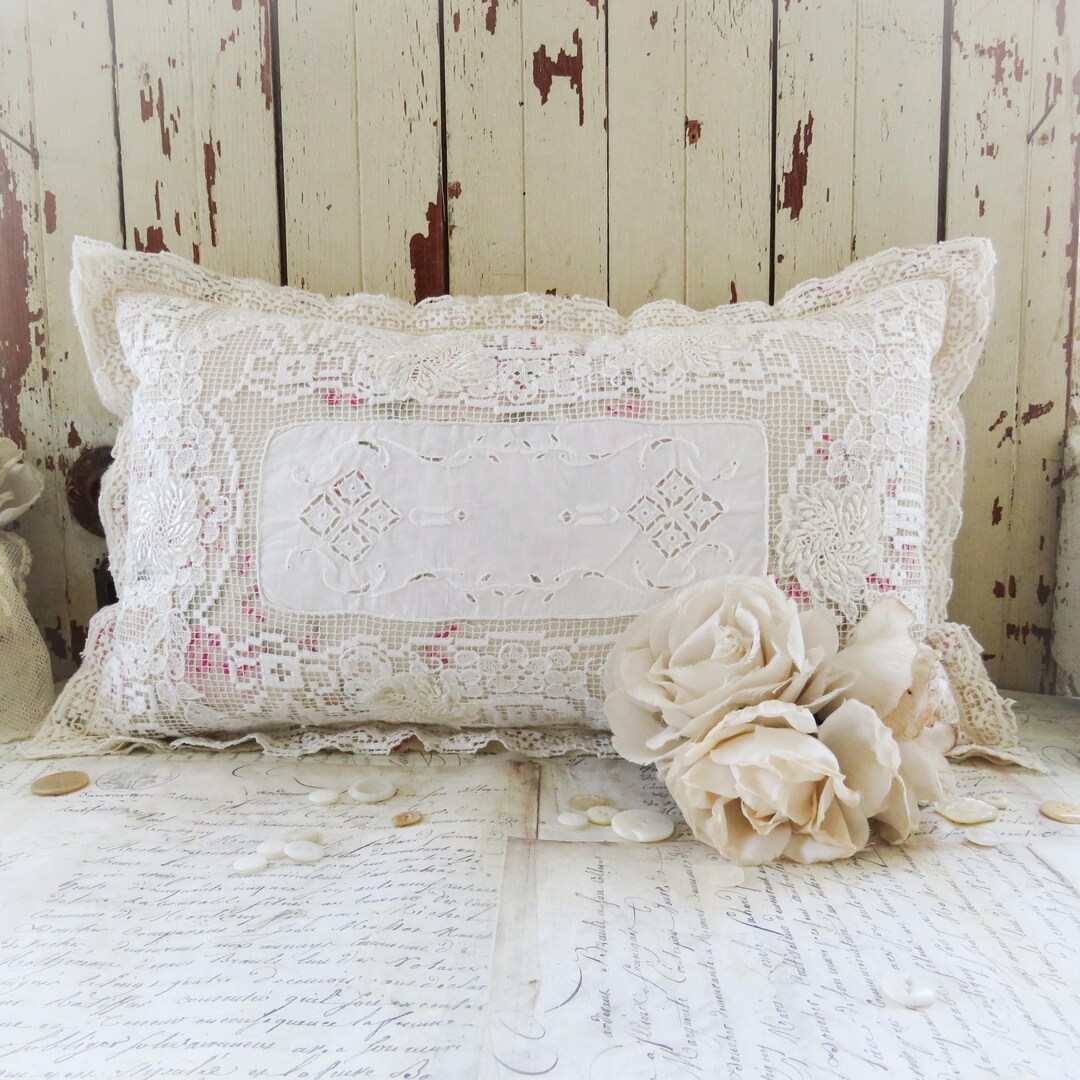 Lace Pillow With Shabby Chic Rose Vintage Fabric. Sofa, Bed Accent ...