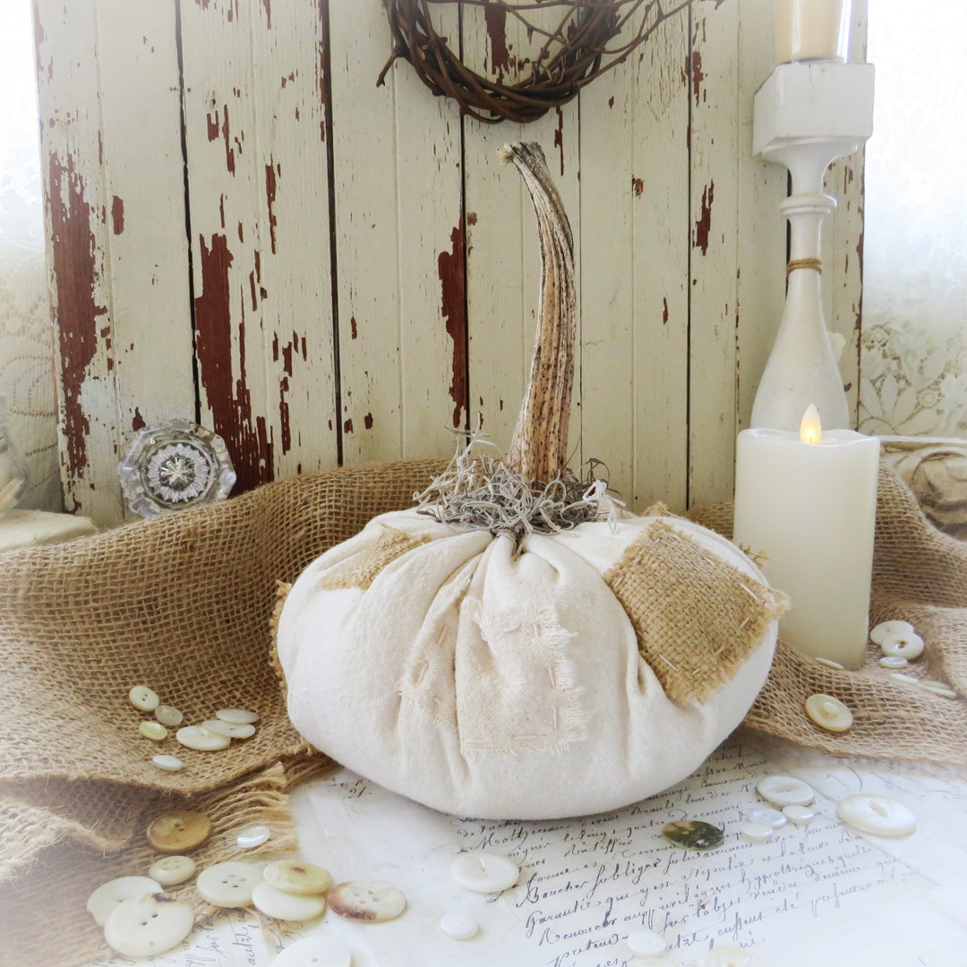 Fall Pumpkin White Fabric Decor. Vintage Muslin With Burlap and Linen ...