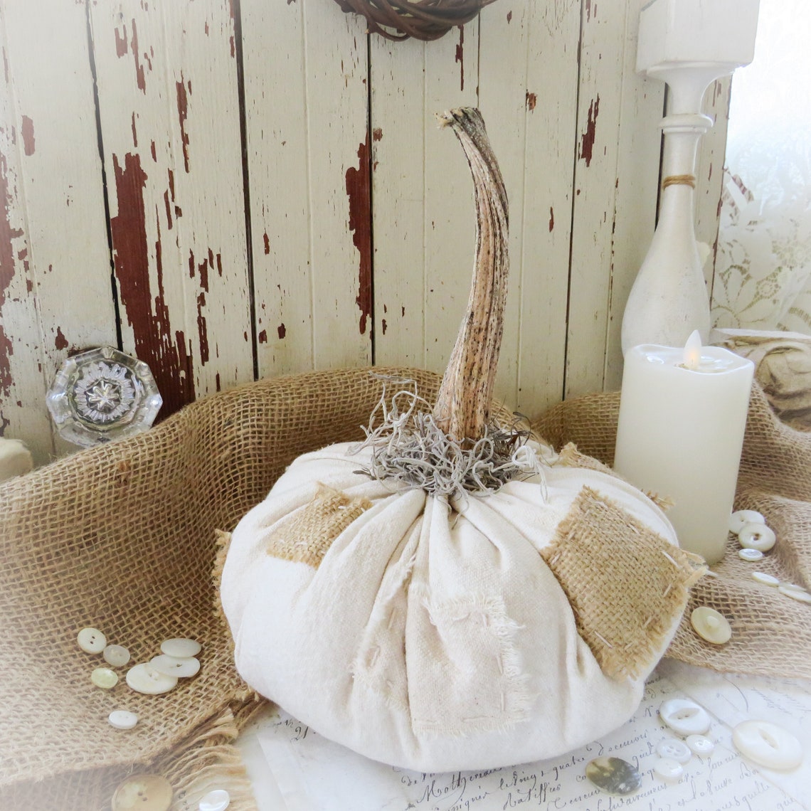 Fall Pumpkin White Fabric Decor. Vintage Muslin With Burlap and Linen ...
