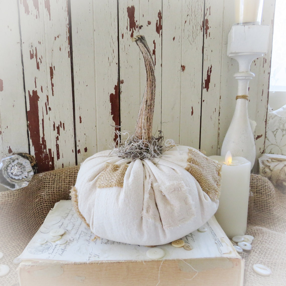 Fall Pumpkin White Fabric Decor. Vintage Muslin With Burlap and Linen ...