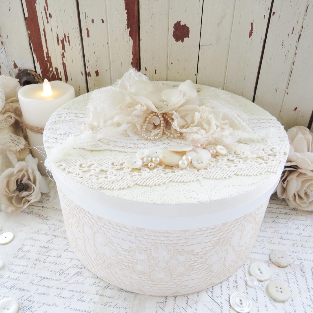 French Lace Covered Round Box Keepsake Memory Storage Box Shabby Chic ...